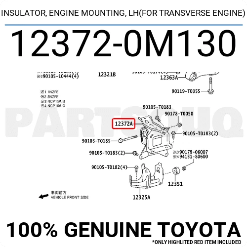 1237220100 GENUINE TOYOTA INSULATOR, ENGINE MOUNTING, LH(FOR TRANSVERSE ...