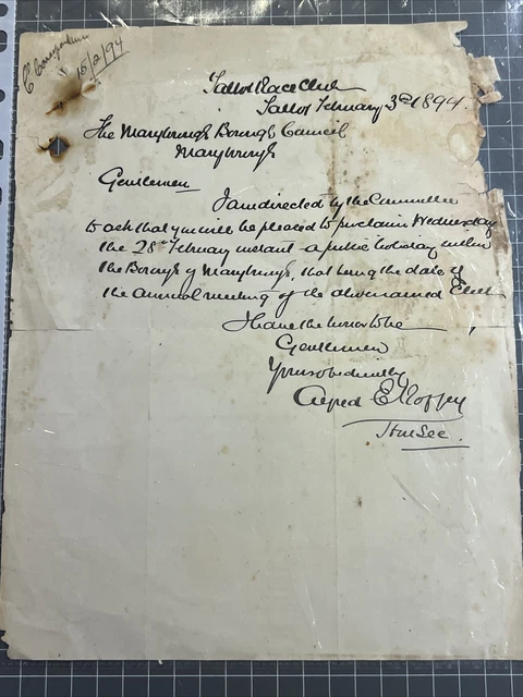 HANDWRITTEN LETTER TALBOT Race Club Alfred Roffey 1894 Maryborough Vic ...