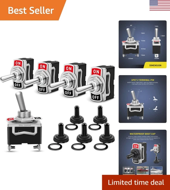 HEAVY DUTY ROCKER Toggle Switch - 5 Pack, Waterproof Boot Cap, 15A 250V ...