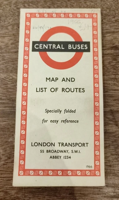 LONDON TRANSPORT CENTRAL Buses~Map & List Of Routes~Good Condition~1966 ...