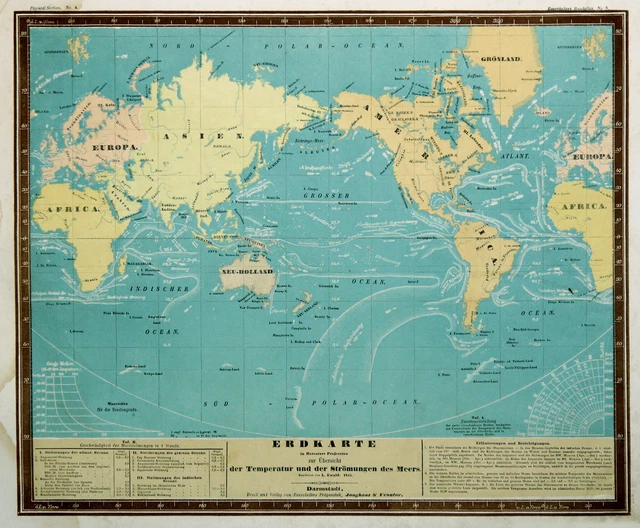 WORLD MAP ORIGINAL Lithography Map Bauerkeller 1845 Meereströmungen £ ...