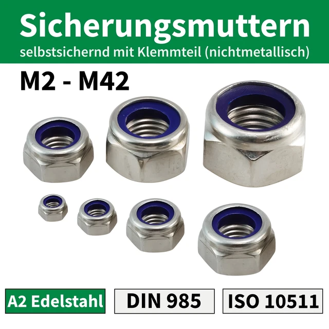 SELBSTSICHERNDE MUTTERN EDELSTAHL A2 Stoppmuttern Sicherungsmuttern DIN 985 V2A EUR 6,08 ...