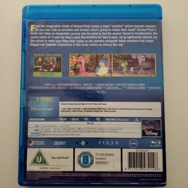 INSIDE OUT BLU-RAY Disney Pixar Animated Movie Region Free EUR 7,50 ...
