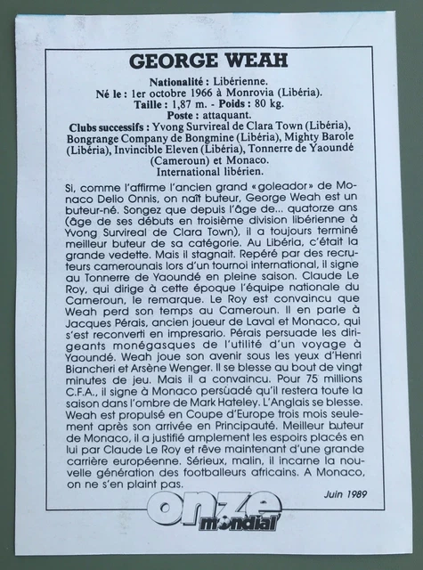 GEORGE WEAH ROOKIE Card 1989 As Monaco Fiche Mondial Collection ...