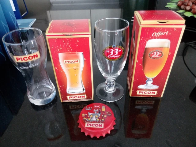 PICON BIÈRE 2 verres collector pas identiques dans boîte 1 signé Gaêtan ...
