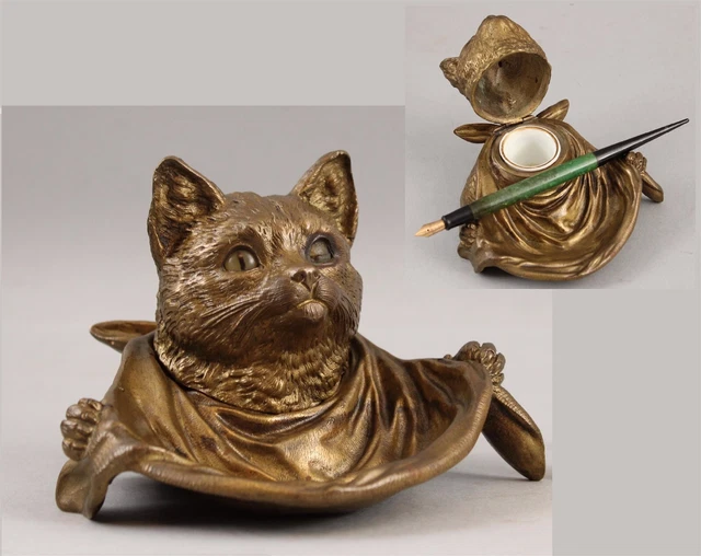 ANTIQUE 19THC BRONZE Figural Cat Head w/ Pin Tray Pen Rest Desktop ...