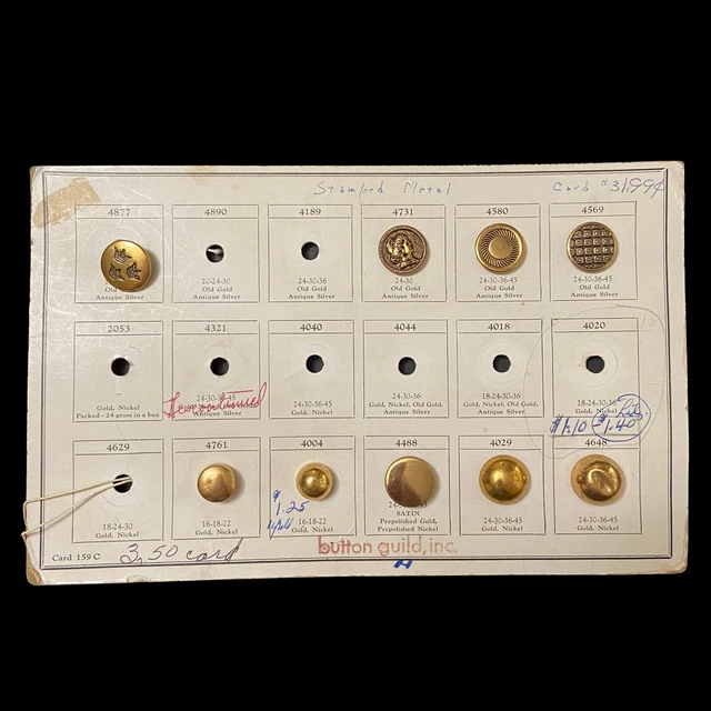 VINTAGE METAL BUTTON Salesman Sample Display Card BUTTON GUILD, INC ...