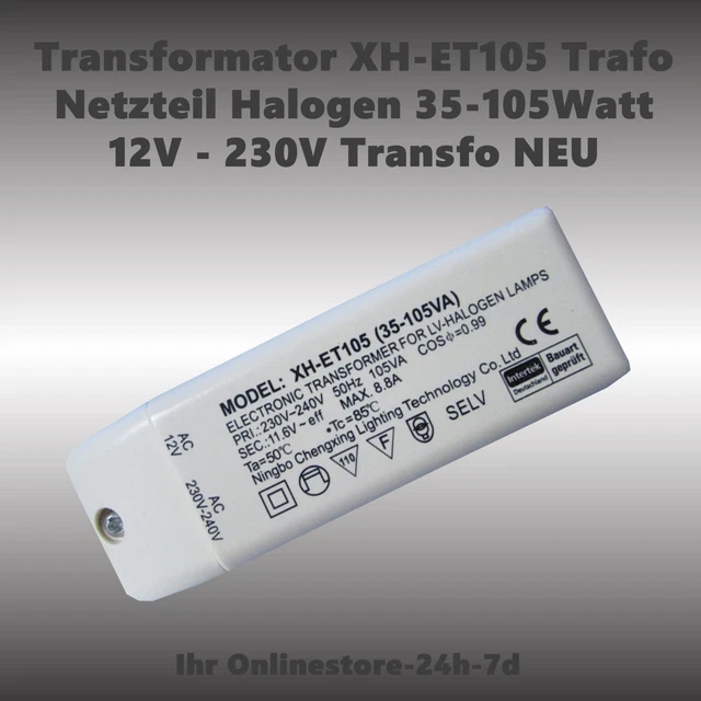 ELEKTRONISCHER TRAFO TRANSFORMATOR Transfo Halogen 35-105 Watt 12V-230V XH-ET105 EUR 19,99 ...
