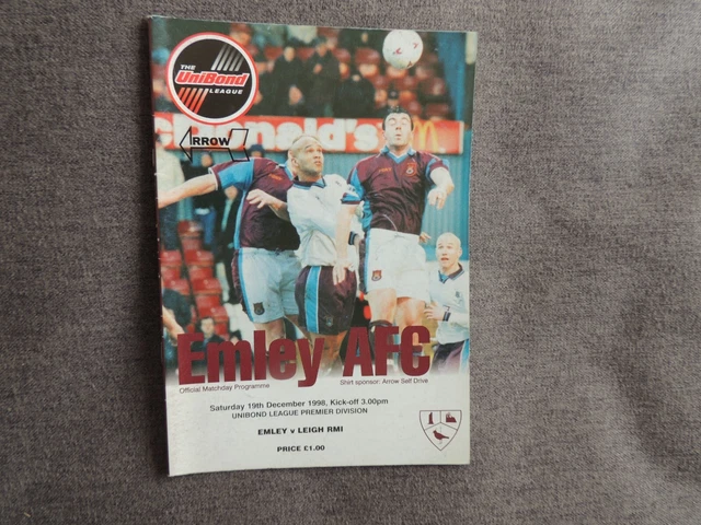 EMLEY V LEIGH RMI 19th December 1998 Matchday Programme Unibond Premier ...