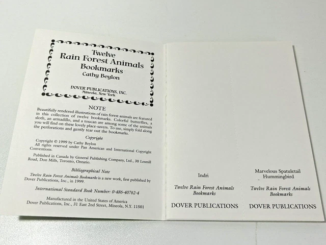 DOVER LITTLE ACTIVITY Books Twelver Rain Forest Animals Bookmarks NEW ...