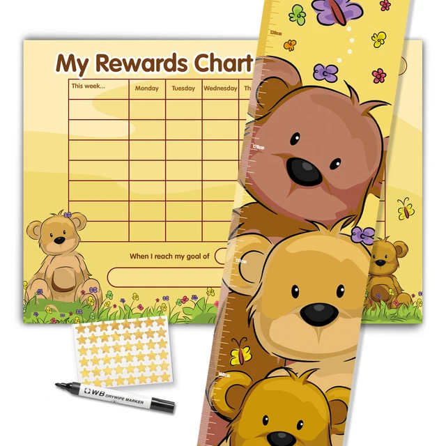 CHILDRENS TEDDY BEAR Reward Chart & Height Chart(incls FREE Pen & Star ...