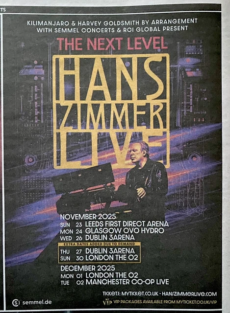 HANS ZIMMER LIVE Concert Tour 2025 The Next Level Advert News Ad Clipping 6x5” £4.90 - PicClick UK