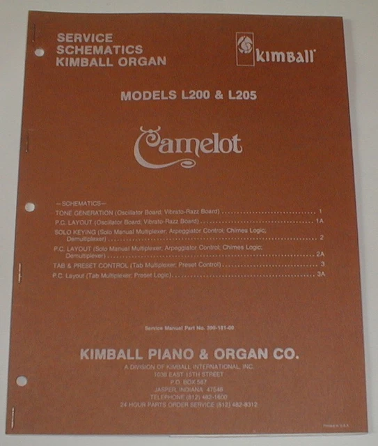 KIMBALL ORGAN MODEL L200 L205 Camelot Series Service Schematics Repair ...