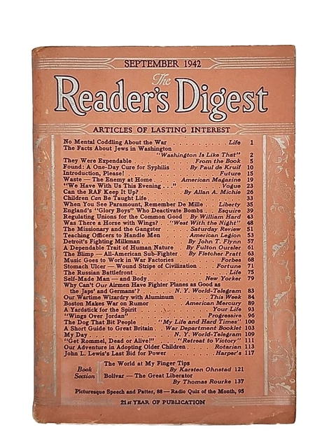 READER'S DIGEST SEPTEMBER 1942 WWII Fletcher Pratt Cecil B. De Mille ...