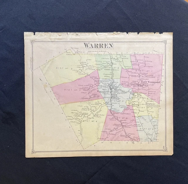 1873 ANTIQUE MAP of Warren Vermont Color Map VT by FW Beers ORIGINAL ...