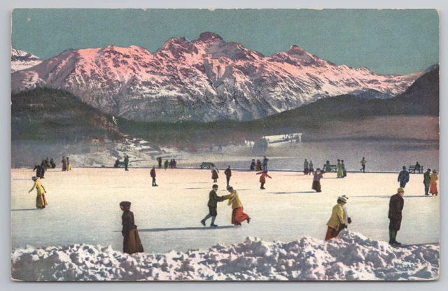 ST MORITZ SWITZERLAND Ice Skating Rink Frozen Lake Alps 1913 Postcard ...