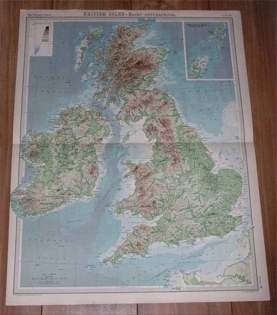 1922 PHYSICAL MAP Of Great Britain Scotland Wales Ireland Mountains ...