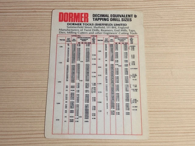 VINTAGE DORMER DECIMAL Equivalent & Tapping Drill Sizes Card £2.99 ...