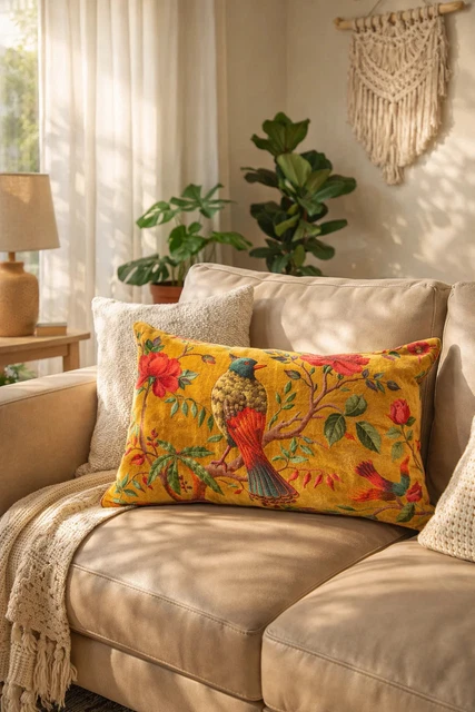 MUSTARD BIRD LUMBAR Cotton Velvet Cushion Cover | Glam Thread $29.95 ...