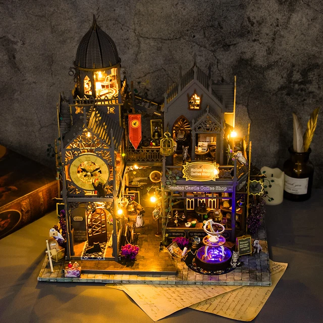 WOODEN DIY MINIATURE Castle Dollhouse Kit LED Handmade Furniture Crafts ...