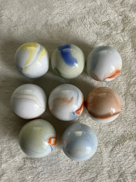 VINTAGE WHITE MILKY Glass Marbles Various Coloured Swirls X 8 £2.99 ...
