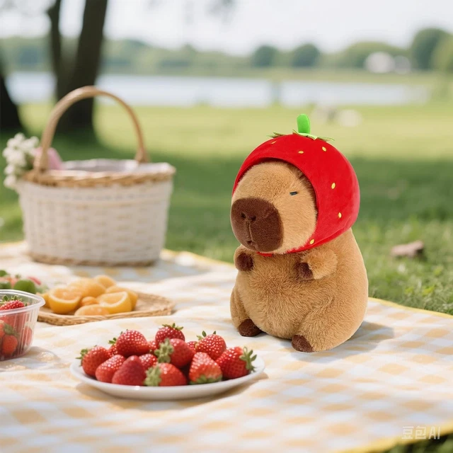 CAPYBARA STUFFED ANIMAL Cute Capibara Plush Toy with Strawberry Hat Soft Plushi £36.06 - PicClick UK