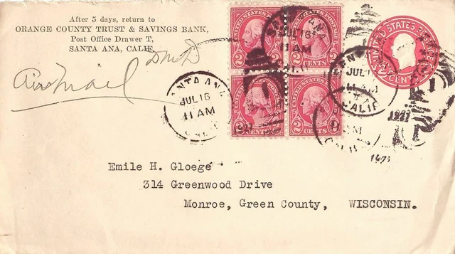 CALIFORNIA SANTA ANA 1927 numeral duplex 2c Washington Fourth Bureau (4 ...