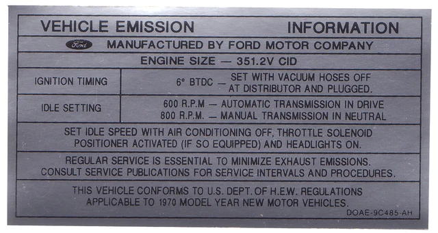 FORD V8 EXHAUST Emission Decal XY XA 351 Cleveland 2V sticker engine ...