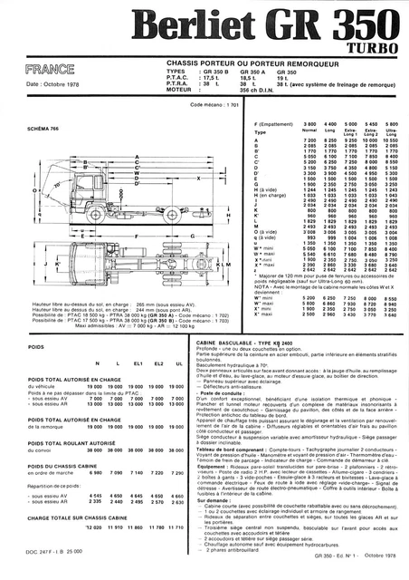 BERLIET / FICHE TECHNIQUE / CAMION ou TRACTEUR GR 350 TURBO de 10 / ...