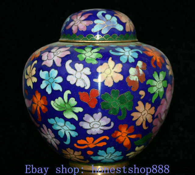 6& CHINESE DYNASTY Palace Copper Cloisonne Flower Face Pattern Pot Jar ...