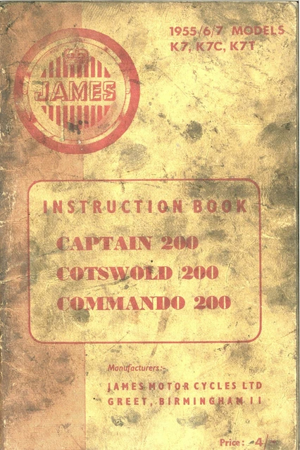 JAMES MOTORCYCLE CAPTAIN Cotswold Commando 1955-57 K7 K7C K7T ...