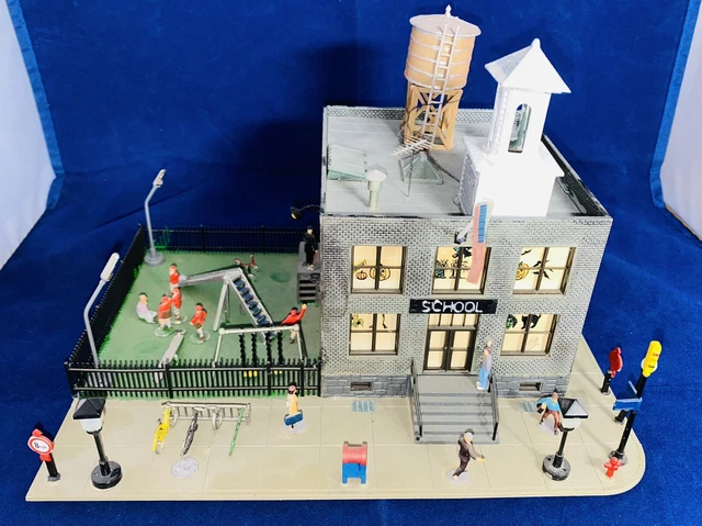 HO SCALE SCHOOL House and Playground Prebuilt Wired for Lighting with ...