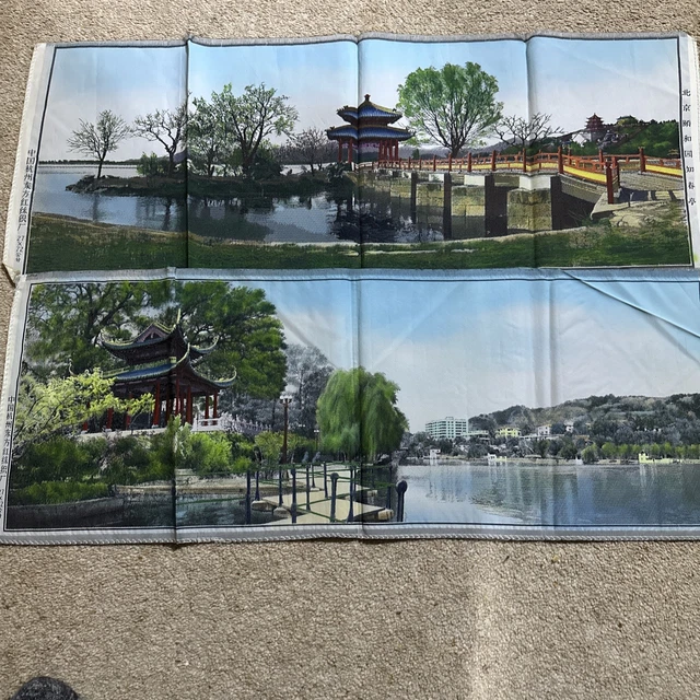 28& CHINESE BRIDGE Pagoda Water Landscape Scene Textile Tapestry Set Of ...
