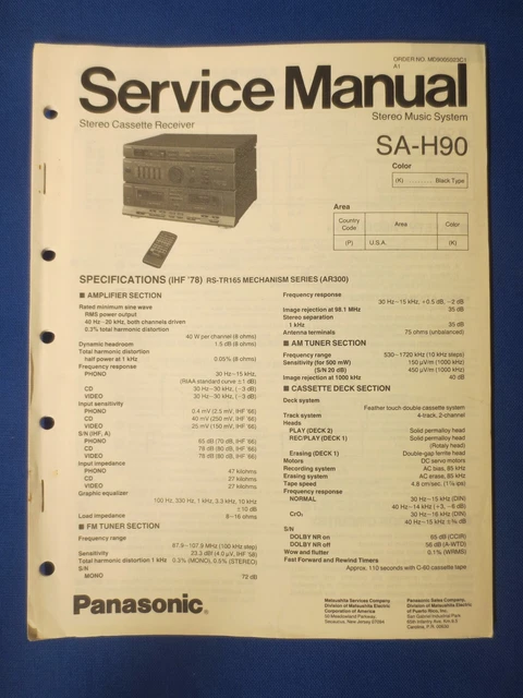 PANASONIC SA-H90 CASSETTE System Service Manual Factory Original The ...