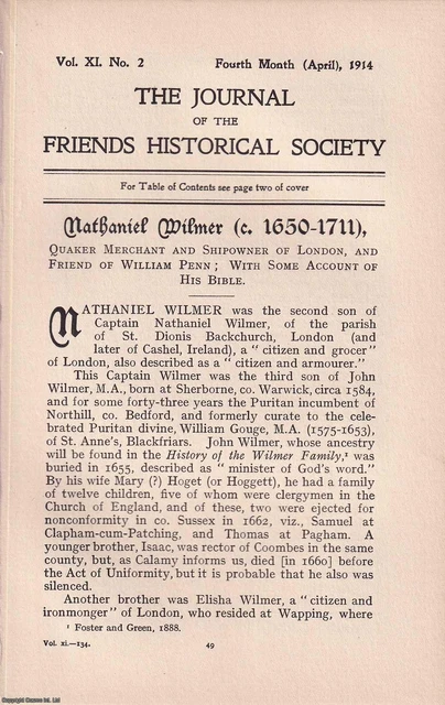 QUAKERS : NATHANIEL Wilmer (C.1650-1711), Marchand Quaker Et Armateur ...