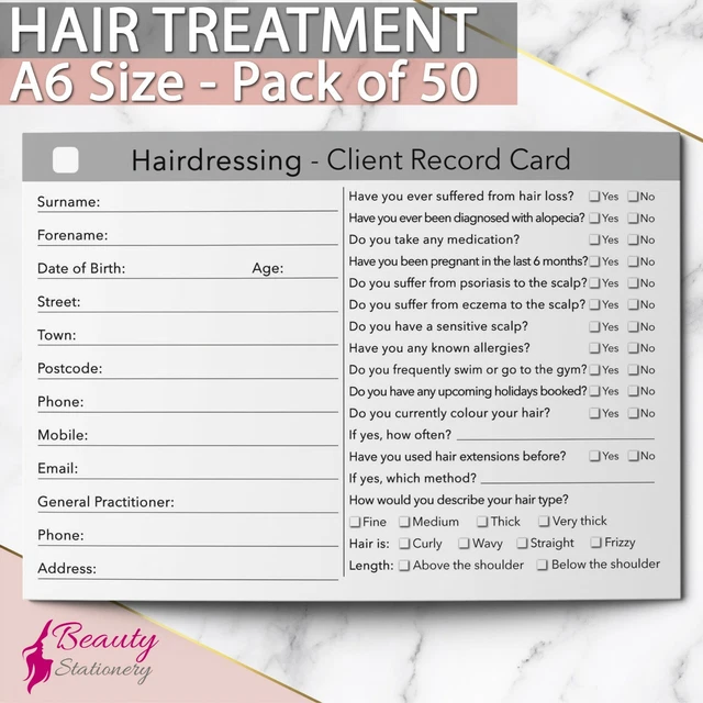 HAIRDRESSING CLIENT RECORD Card Hair Consultation Treatment Therapists ...