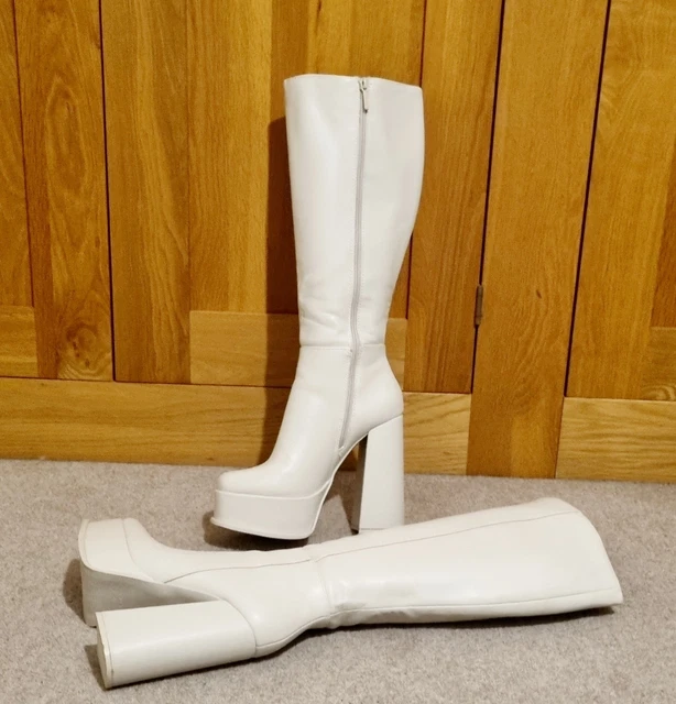 RITA ORA PRIMARK White Knee High Leather Look Tall Platform Boots Size ...