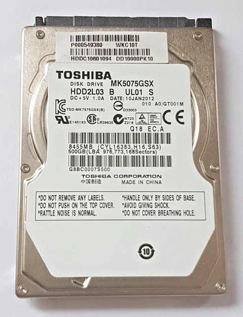 500GB SATA TOSHIBA MK5075GSX 5400rpm 8MB HDD 2.5" Internal Hard Drive ...