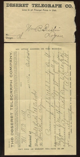 DESERET TELEGRAPH CO Cover & Matching Telegram to Logan Utah LV8025 £49 ...