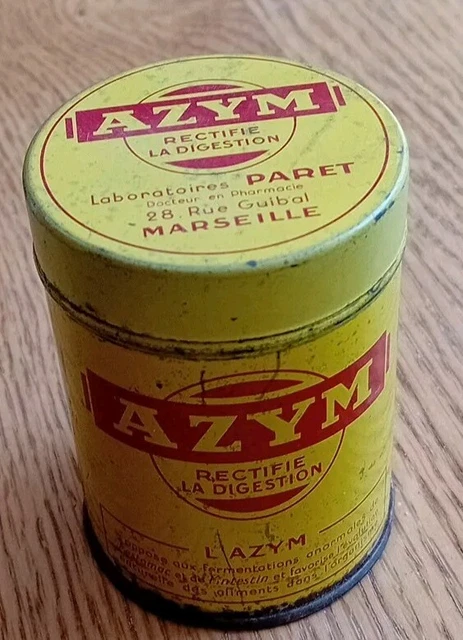 ANCIENNE BOÎTE JAUNE cylindrique de médicament digestif AZYM pharmacie ...