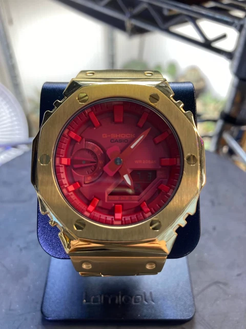 CUSTOM CASIO G-SHOCK GA-2100,CasiOak, Red Dial - Gold Strap & Case £260 ...