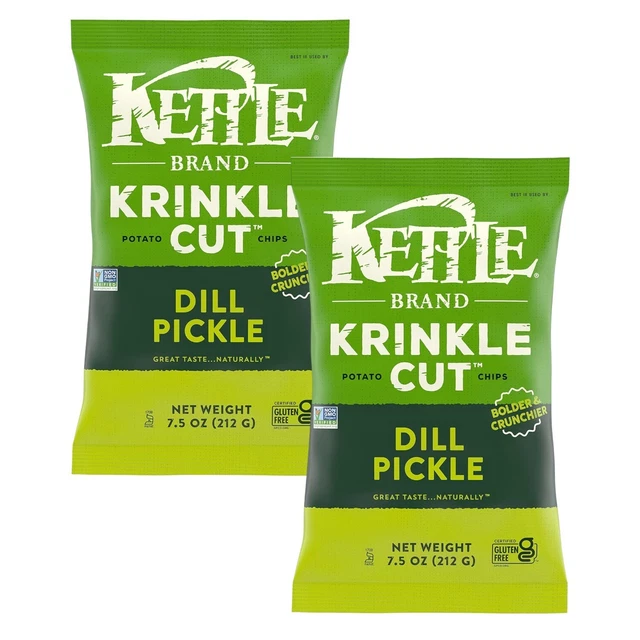 KETTLE BRAND KRINKLE CUT DILL PICKLE Potato Chips 7.5 Oz. Crunchier (2 ...