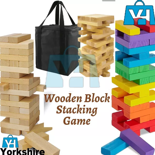 WOODEN TUMBLING TOWER Traditional Stacking Family Kids Game ...