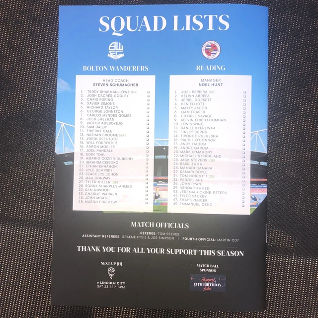 BOLTON WANDERERS V Reading League One football programme 20/8/25 £2.77 ...