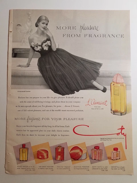 1949 COTY L'AIMANT perfume toilet water talcum powder bath salt sachet ...