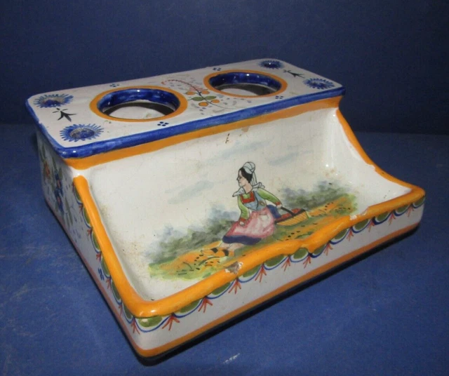 QUIMPER HB ENCRIER ANCIEN en FAIENCE POTTERY INKWELL STAND FRENCH EUR ...