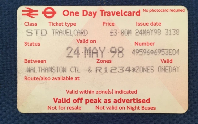 VINTAGE BRITISH LONDON underground tube ticket zone 1-4 travelcard 24 ...