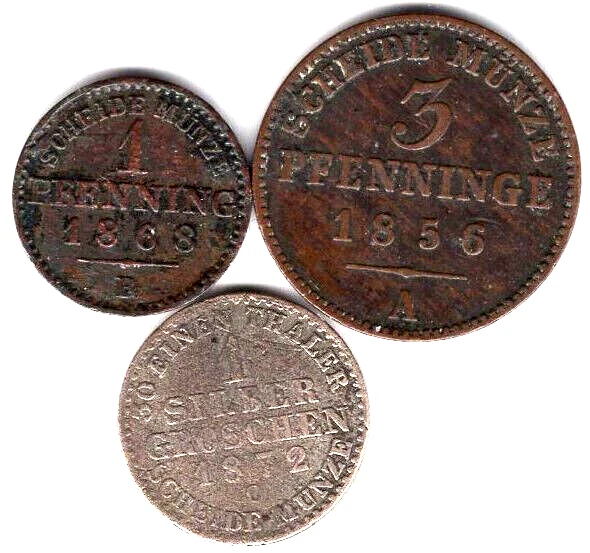 PREUSSEN - 1, 3 Pfennig(e) 1868 B/1856 A Cu, 1 Silbergroschen 1872 C Ag -VF und F EUR 4,50 ...