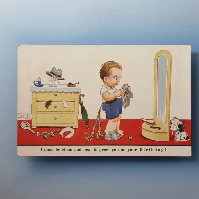 JOHN WILLS POSTCARD C1937 Boy Darns Socks Braces Dog Artist Signed £6. ...
