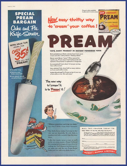 VINTAGE 1955 PREAM Instant Coffee Creamer Ephemera 1950's Print Ad $12. ...